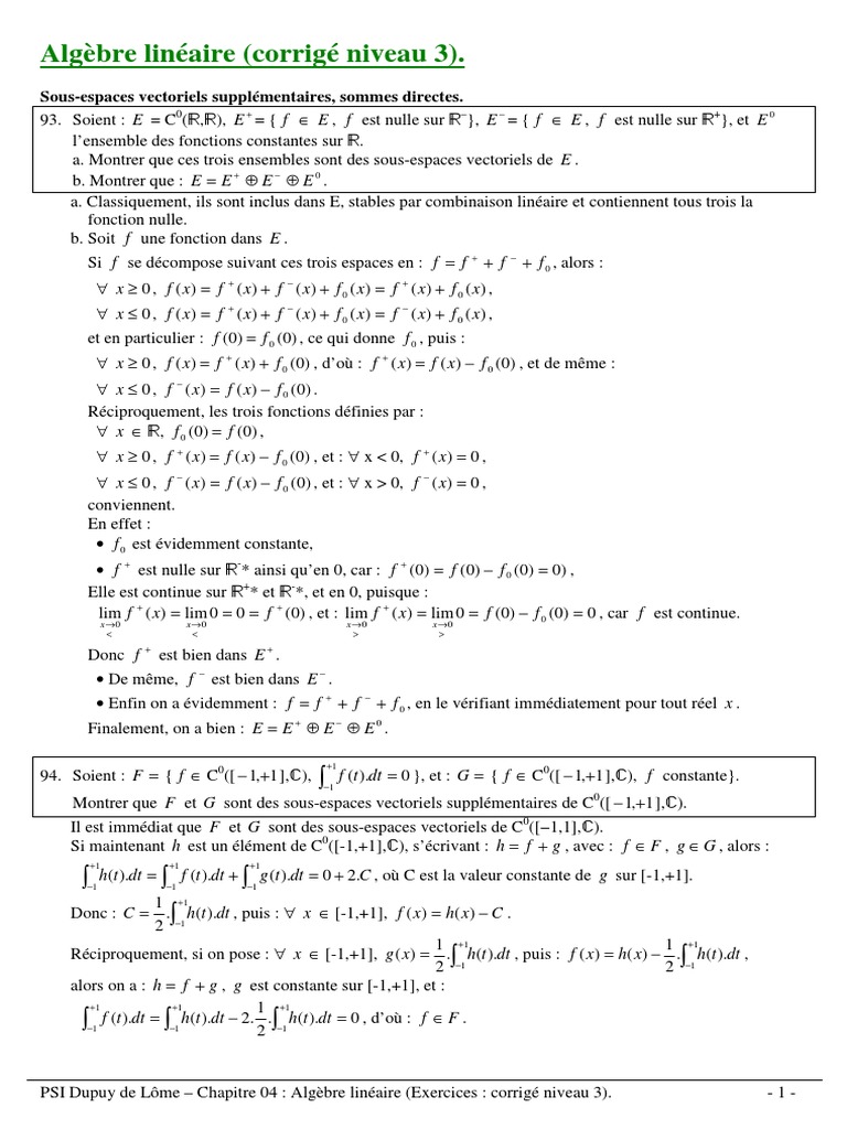Algèbre linéaire : Exercices corrigés | PDF | Base (algèbre linéaire ...