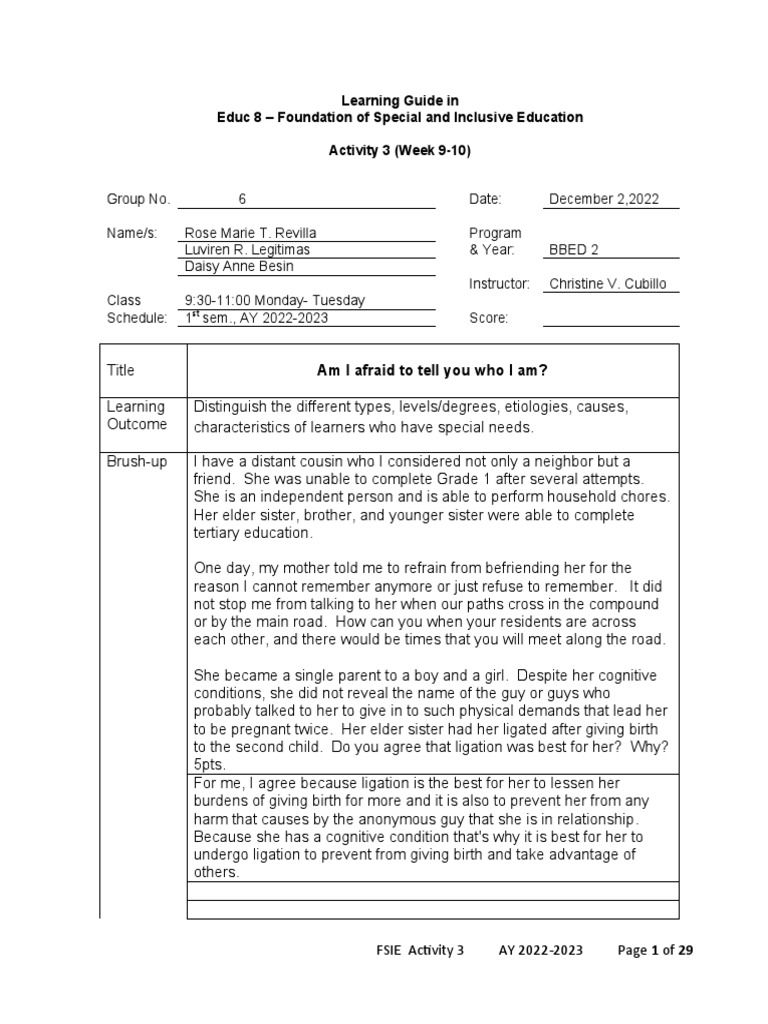 Fsie Beed2 Group6 Activity3 | PDF | Dyslexia | Cerebral Palsy