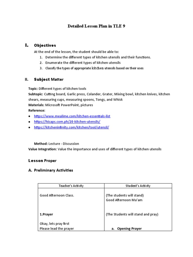 Detailed Lesson Plan in Household Resource Management | PDF | Spoon ...