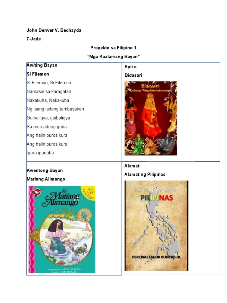 John Denver V. Bechayda 7-Jade Proyekto Sa Filipino 1 "Mga Kaalamang Bayan" Awiting Bayan Si ...