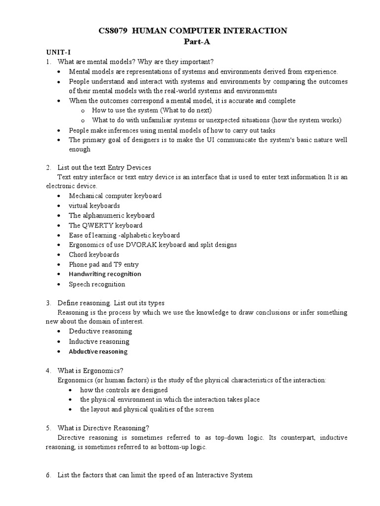 HCI - CS8079 - Part A Important Q&A - Each Unit 10 Nos | PDF | Software ...