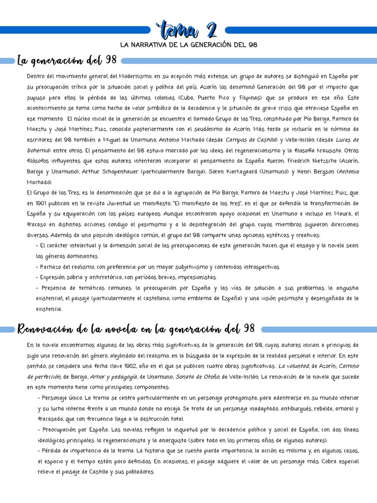 La Generación del 98 en la Literatura Española | PDF | Novelas