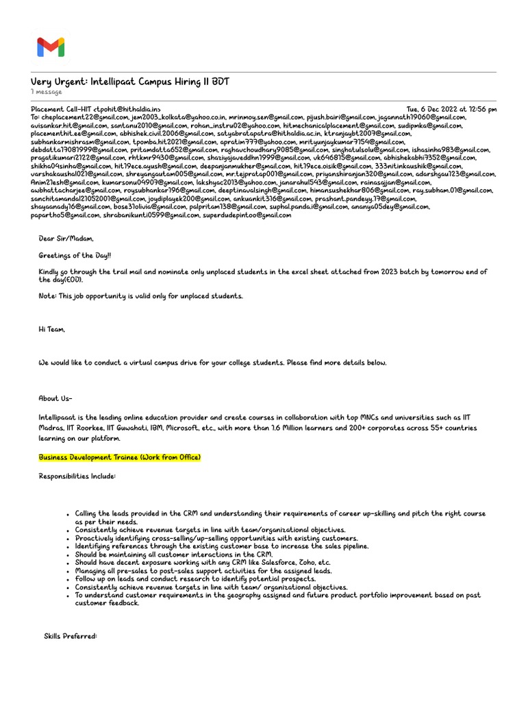 Gmail - Very Urgent - Intellipaat Campus Hiring - BDT | PDF | Customer ...