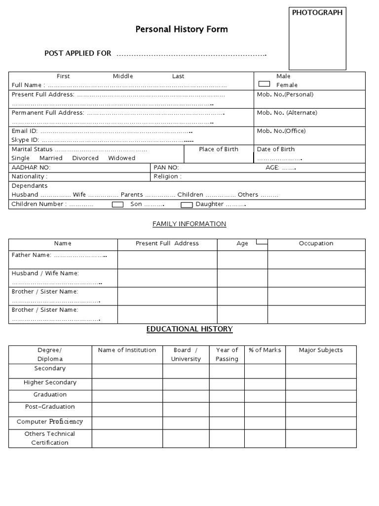 Personal History Form (Factory. New) | PDF