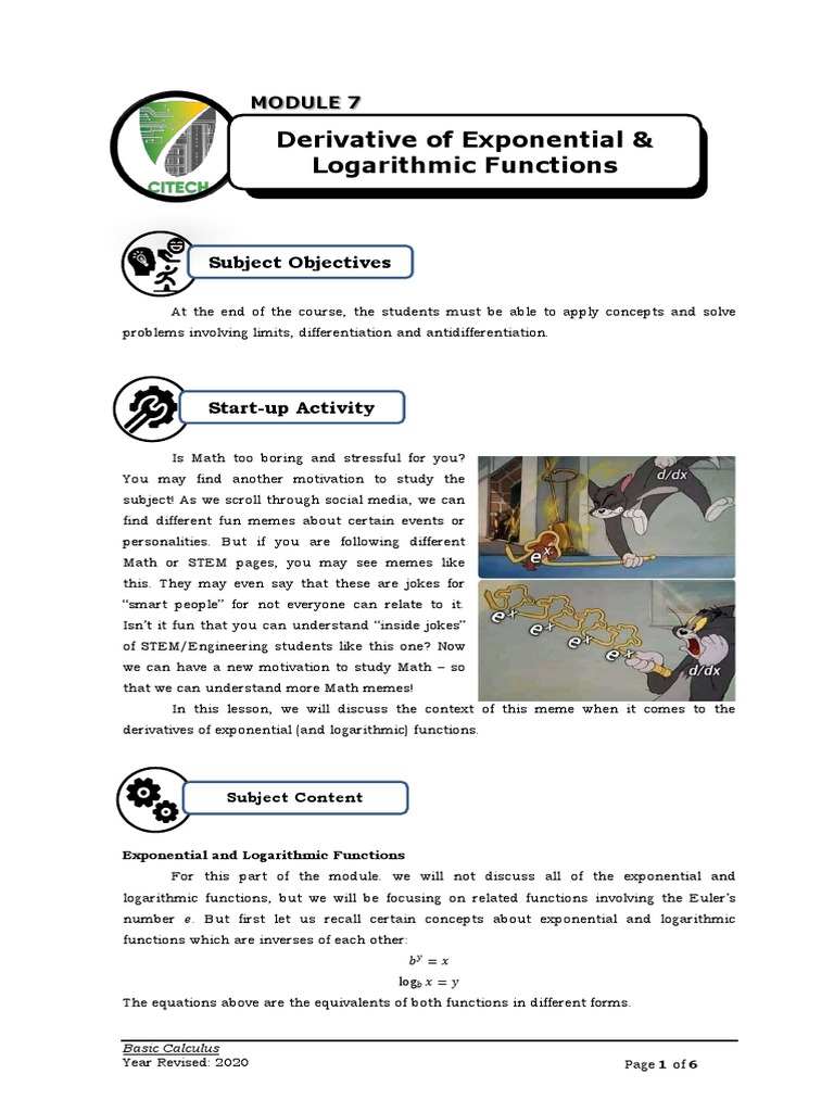 Week 7 Derivative of Exponential and Logarithmic Functions | PDF | Derivative | Logarithm
