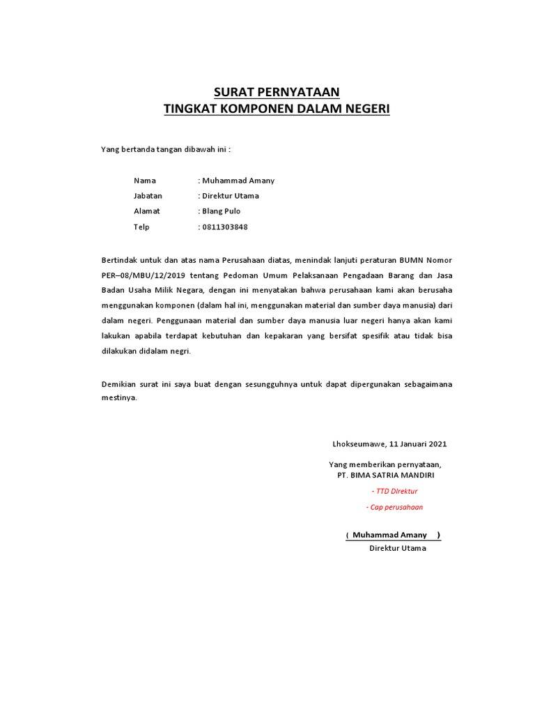 Surat Pernyataan TKDN | PDF