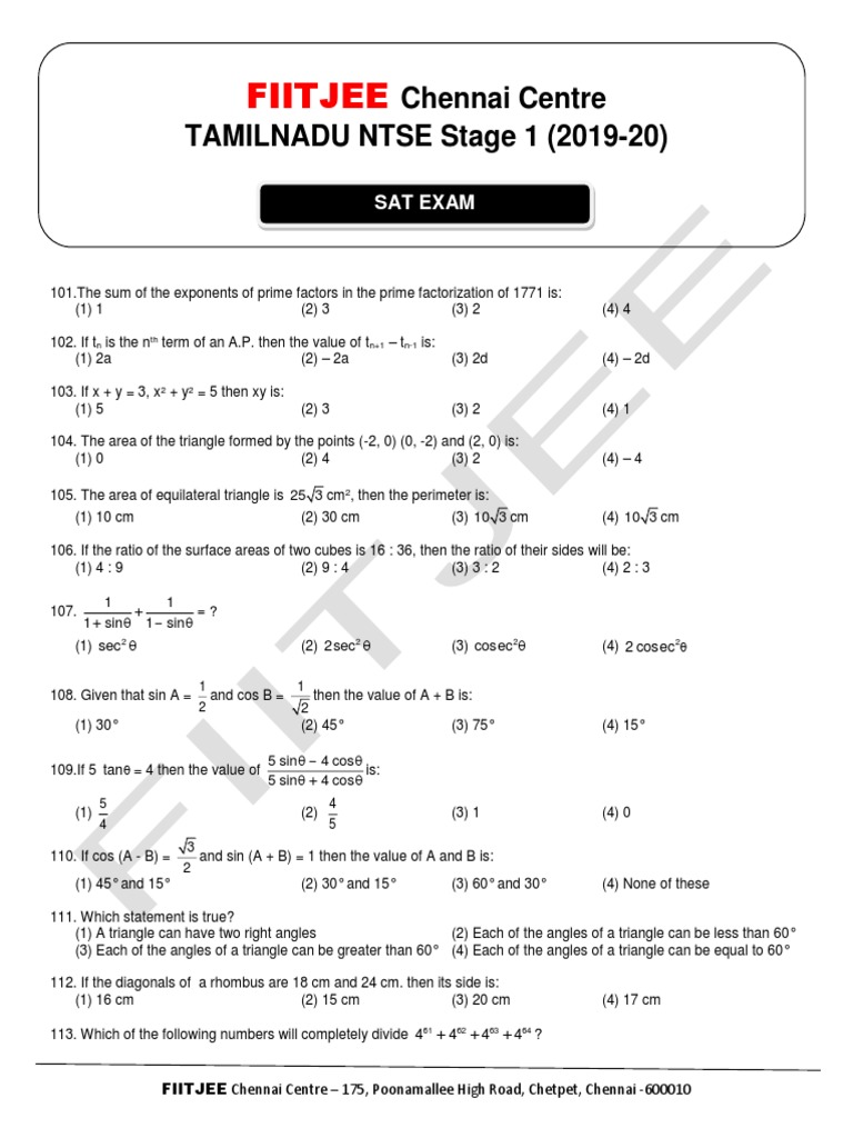 QP Tamilnadu Ntse Stage 1 Sat 2019-20 | PDF | Heat Transfer | Rectangle