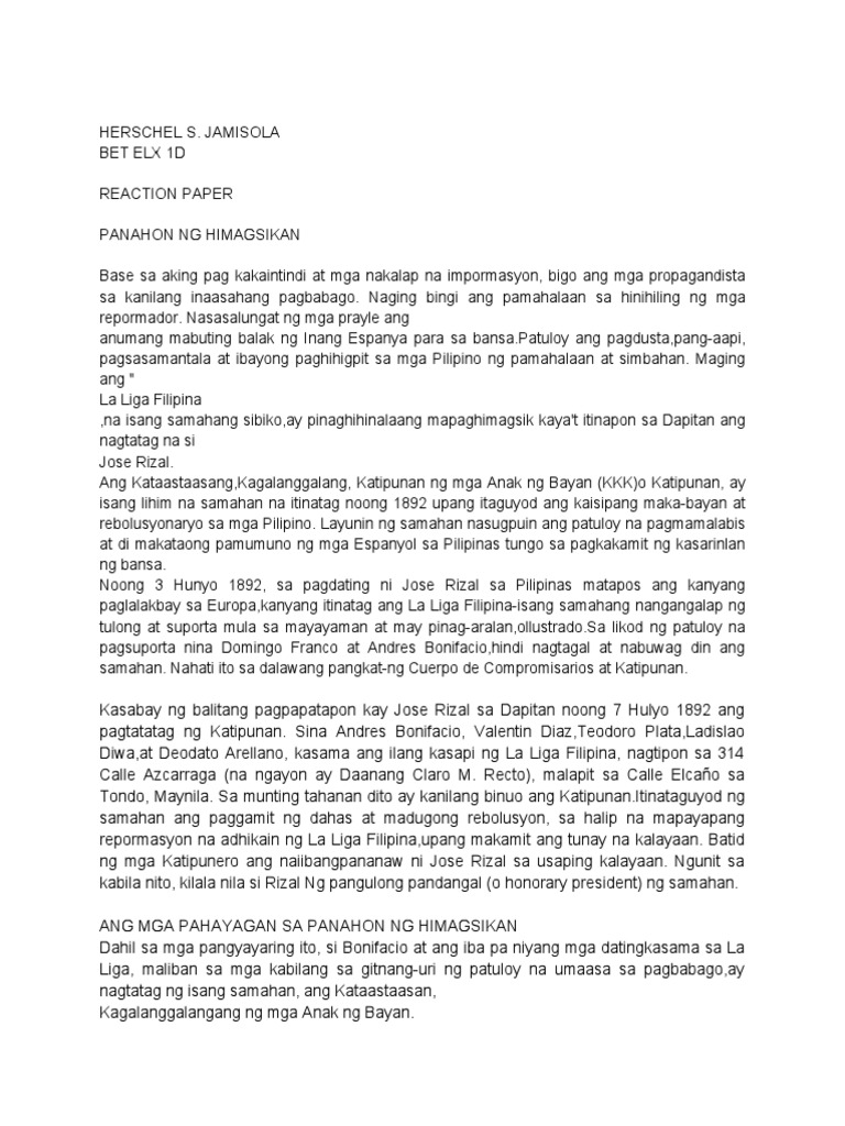 Reaction Paper Himagsikan NG Pilipinas | PDF