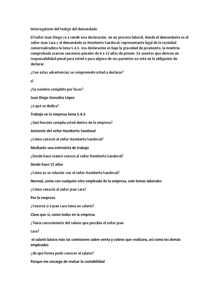 Interrogatorio Del Testigo Del Demandado Caso Laboral | PDF