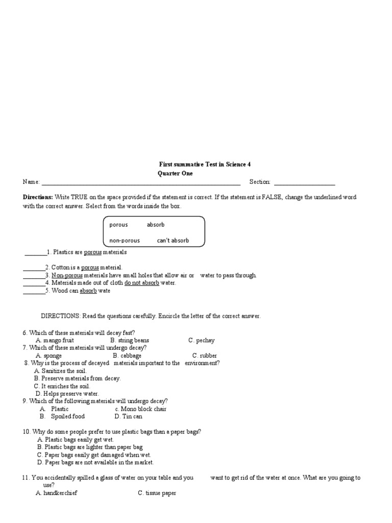 Summative Test Science 1st | PDF