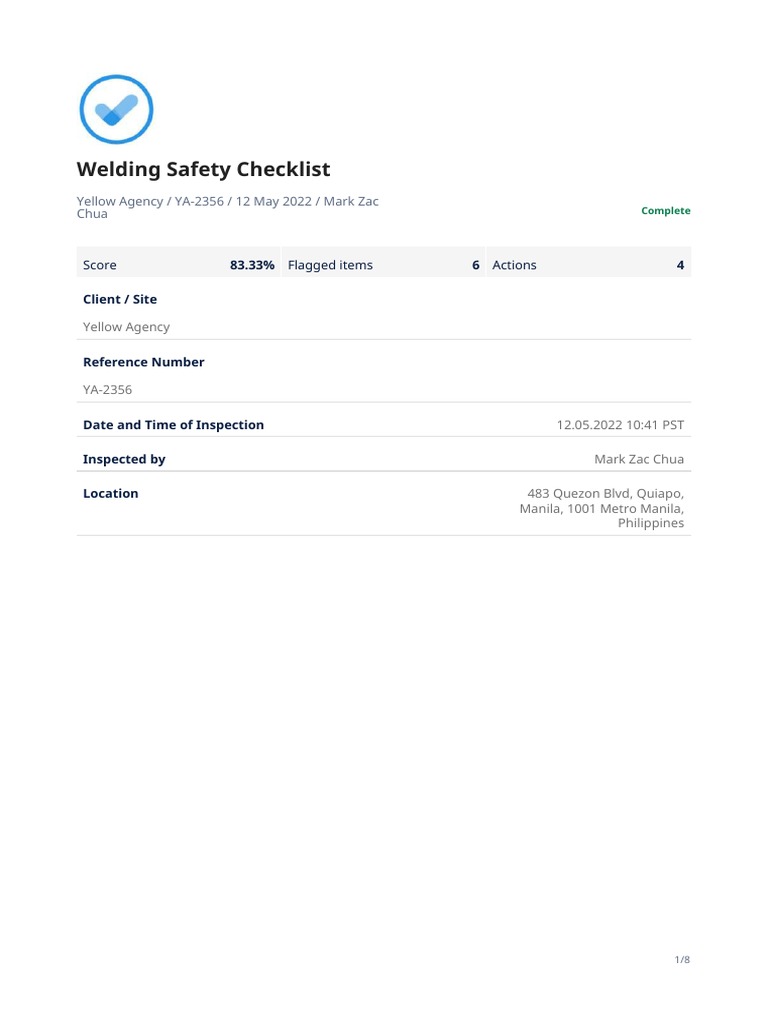 Welding Safety Checklist Sample Report | PDF | Welding | Construction