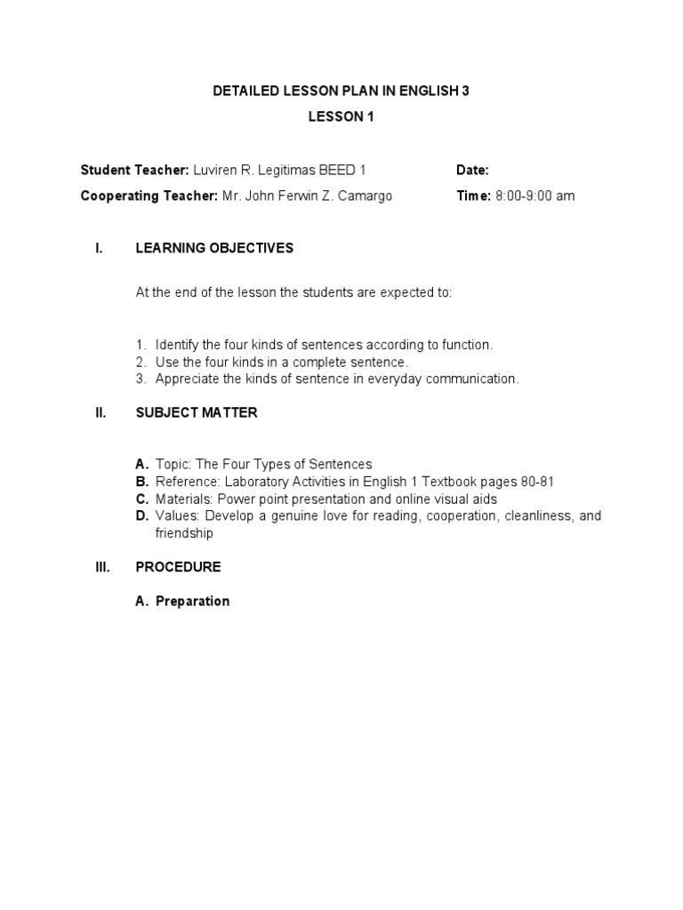 Detailed Lesson Plan in English 3 | PDF | Sentence (Linguistics) | Lord ...