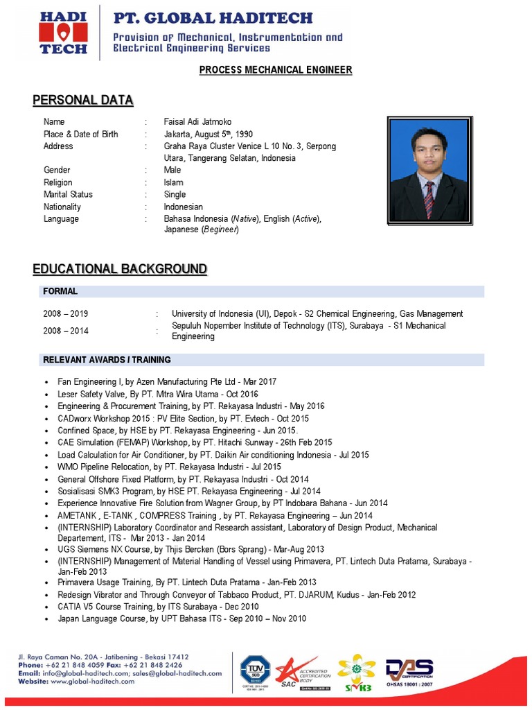 03 CV - PR - ENG-Faisal Adi Jatmoko | PDF | Specification (Technical ...