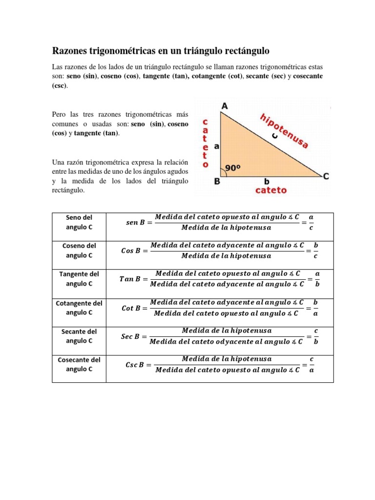 Razones Trigonométricas en Un Triángulo Rectángulo | PDF | Funciones ...