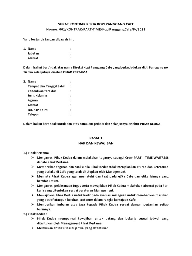 Surat Kontrak Kerja Part Time Waiters NEW | PDF
