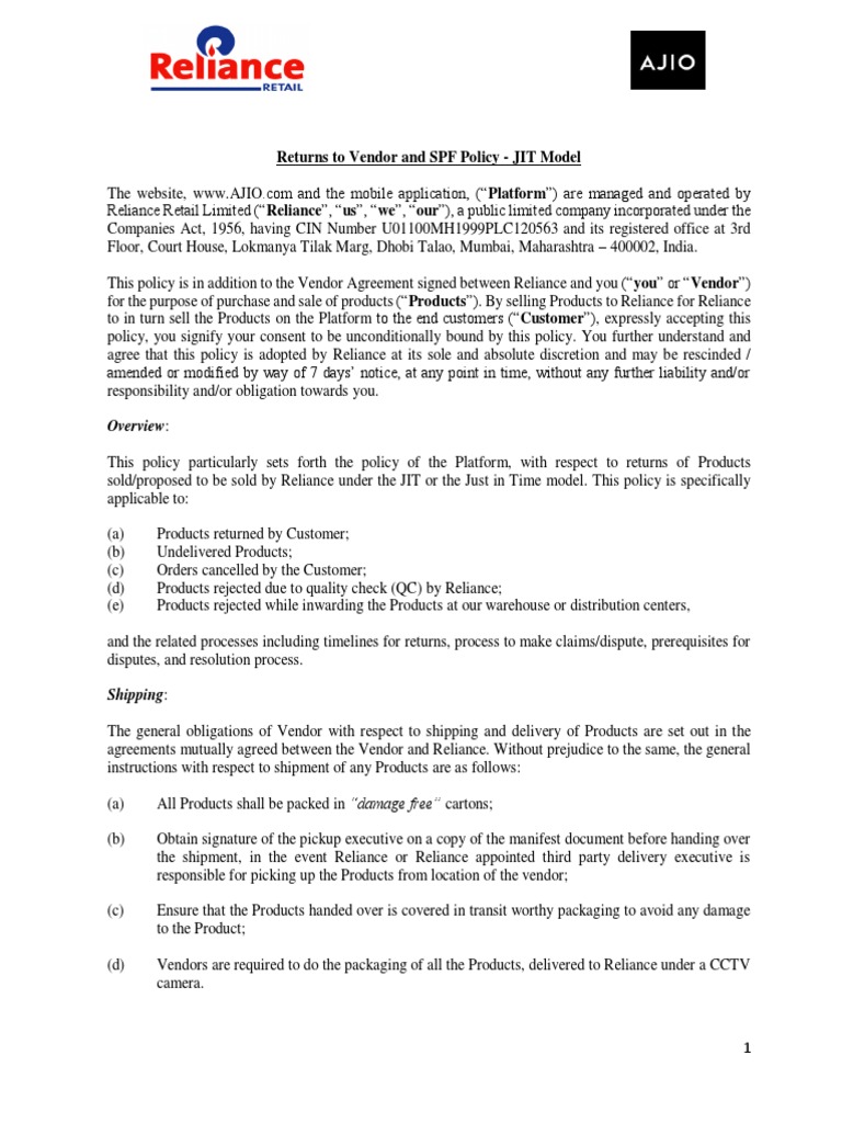 AJIO-JIT Return and SPF Policy | PDF | Damages | Warehouse