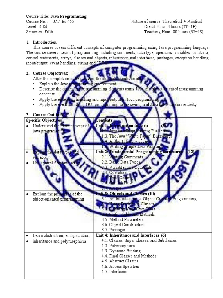 5th Sem Syllabus Ict 455 Java Programming Pdf Class Computer Programming Inheritance