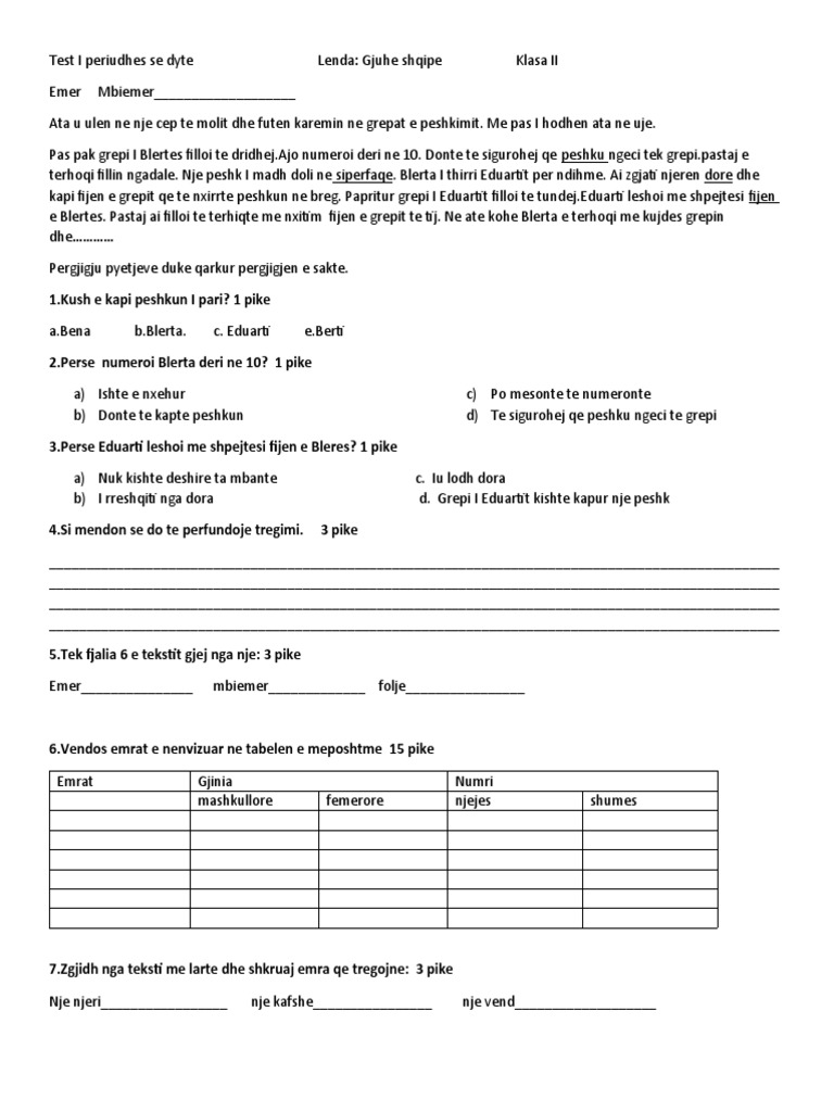 Test I Periudhes Se Dyte Lenda Gjuhe Shqipe | PDF