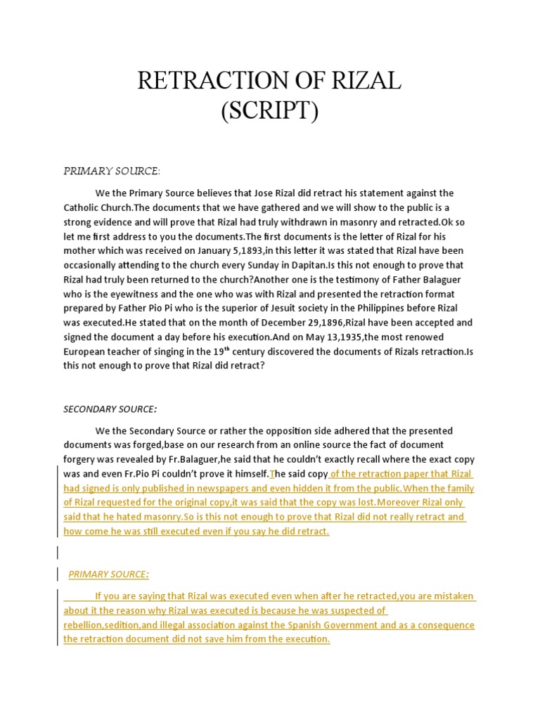 RETRACTION OF RIZAL Script | PDF | Primary Sources