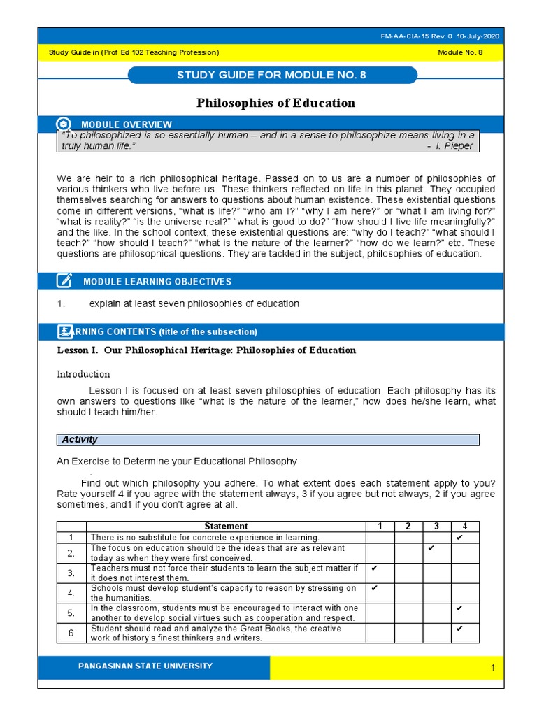 Philosophies of Education Study Guide | PDF | Constructivism ...