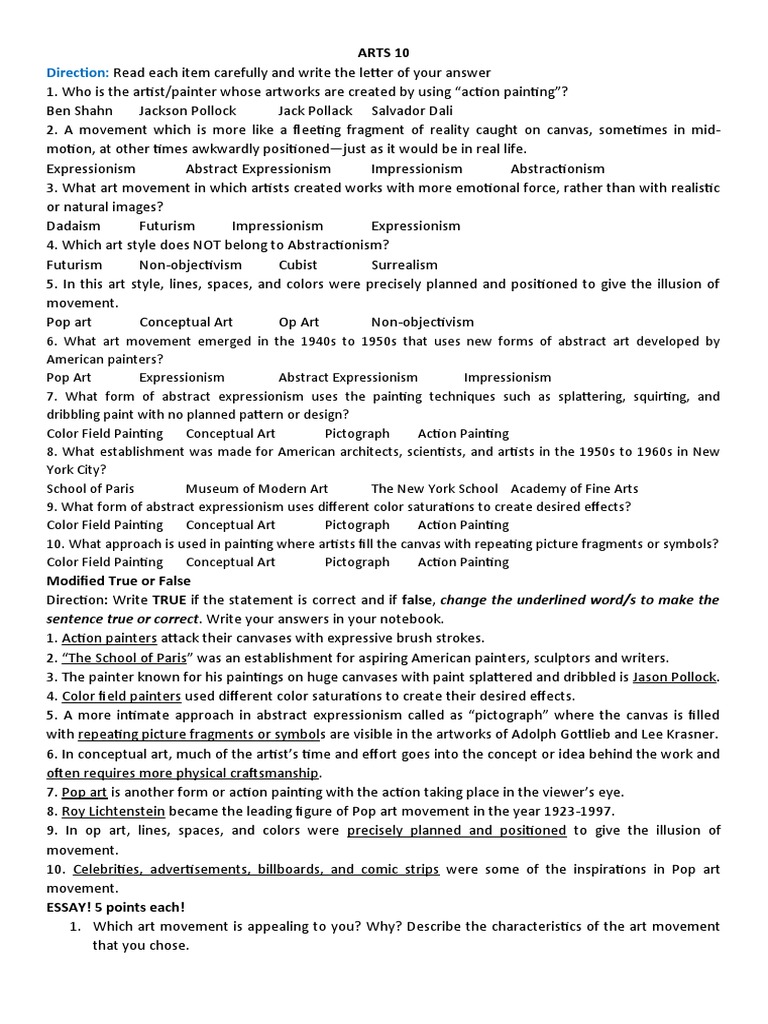 Long Quiz ARTS 10 | PDF | Paintings | Abstract Art