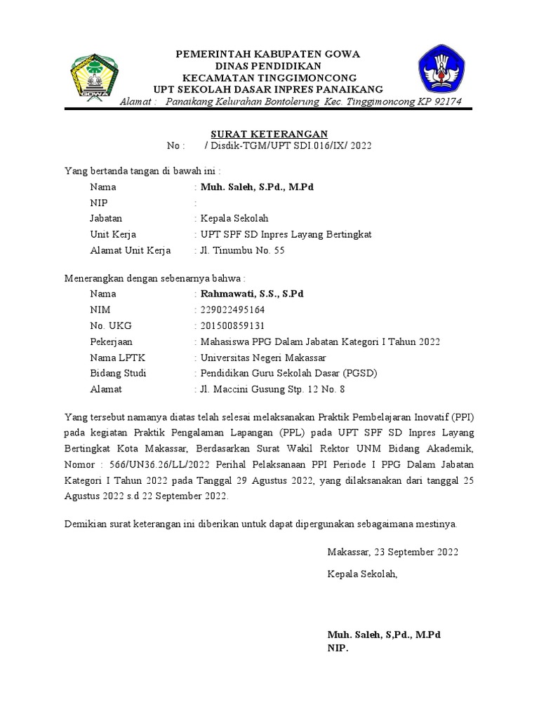 Surat Keterangan Selesai PPI - PPL | PDF