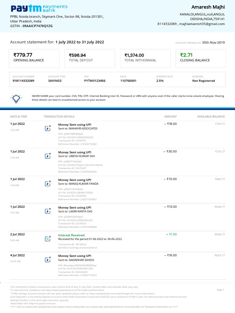 July 2022 Account Statement Summary | PDF | Deposit Account | Interest