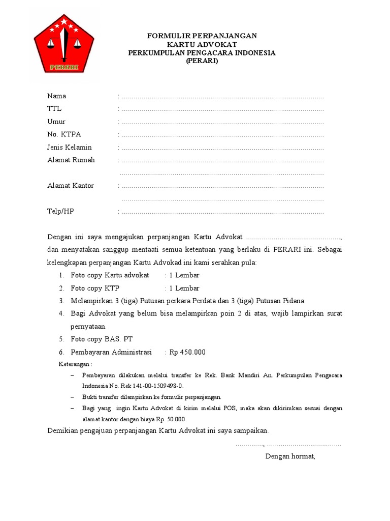 Formulir Perpanjangan Kartu Perari | PDF