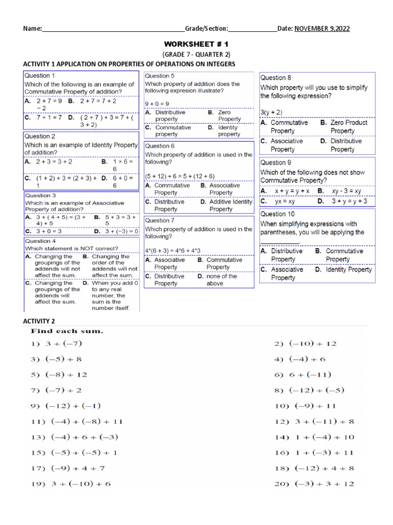 Worksheet 1 Properties of Operations | PDF