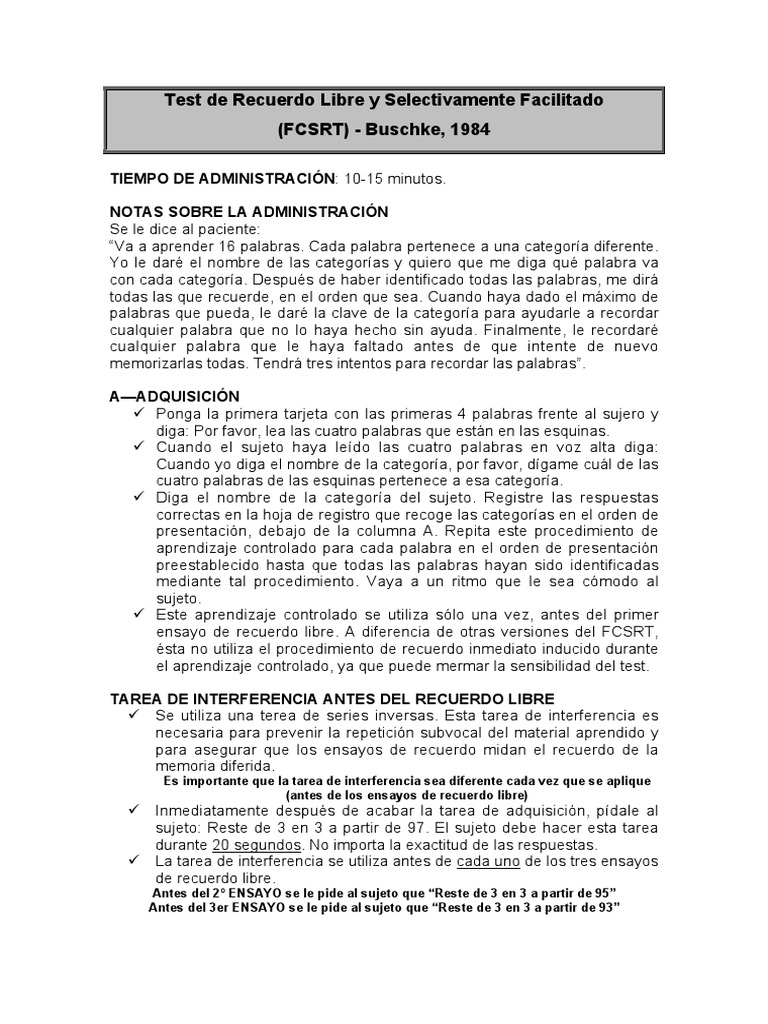 Test FCSRT: Guía de Administración y Puntuación | PDF | Memoria ...