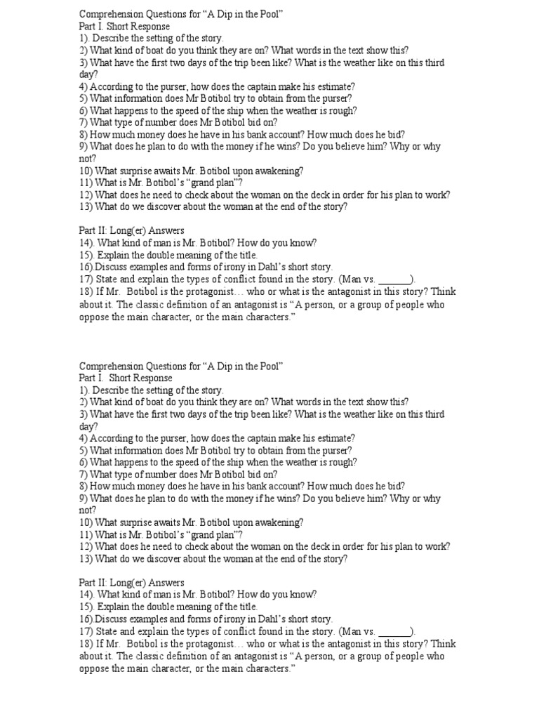 A Dip in The Pool Comprehension Questions | PDF