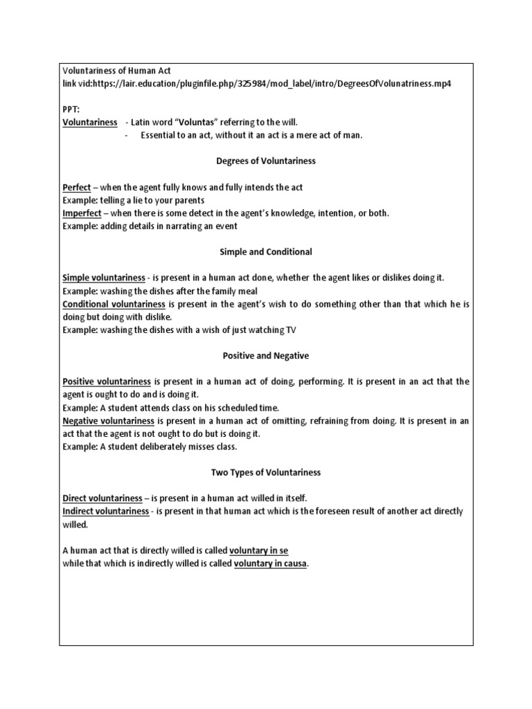 Voluntariness of Human Act Notes | PDF | Social Institutions | Applied ...