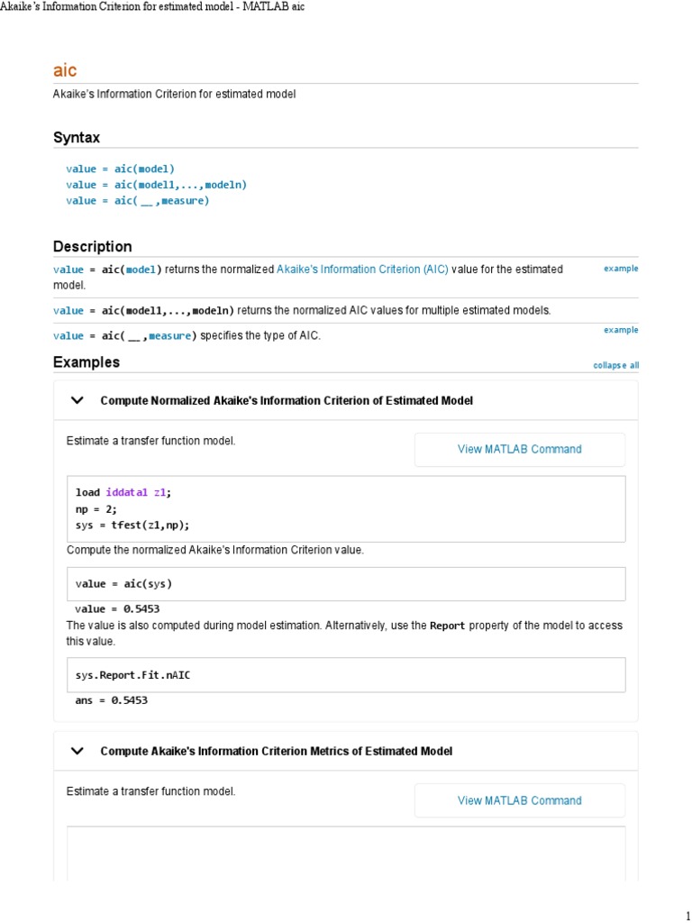 Akaike's Information Criterion For Estimated Model - MATLAB Aic | PDF ...