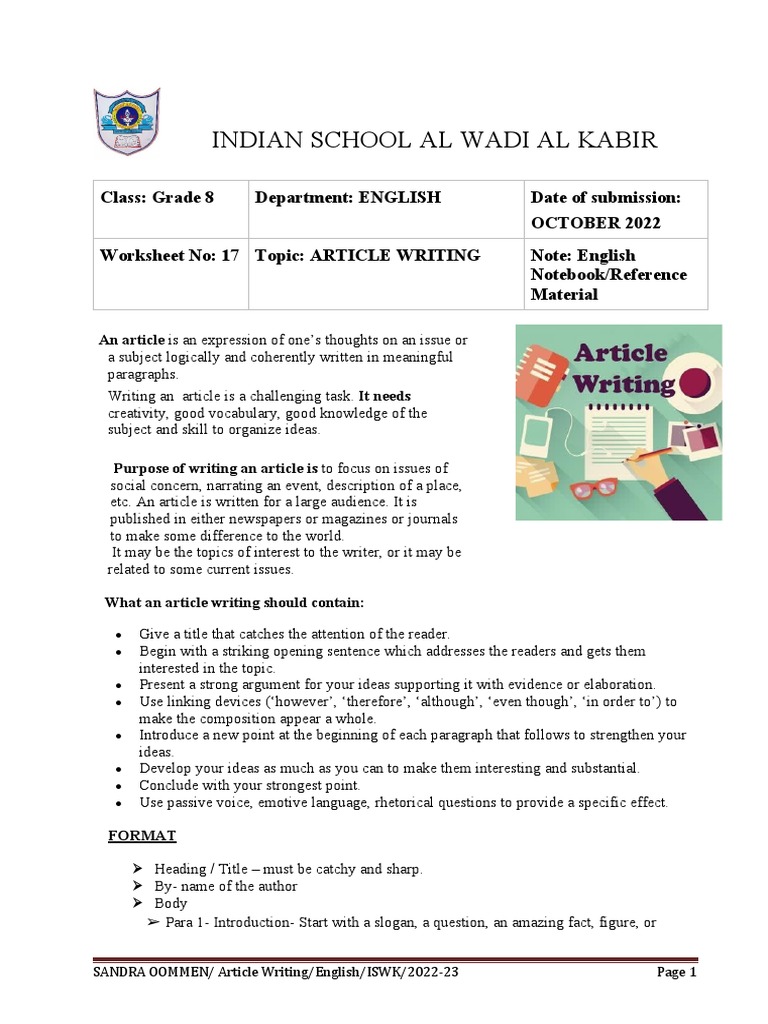 Article Writing Worksheet 2022-23 | PDF | Cognition