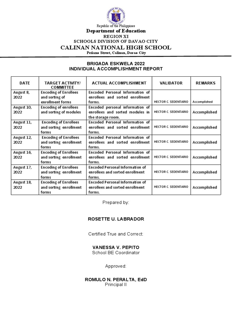 BRIGADA-ESKWELA-Individual-Accomplishment-Report rOSETTE | PDF