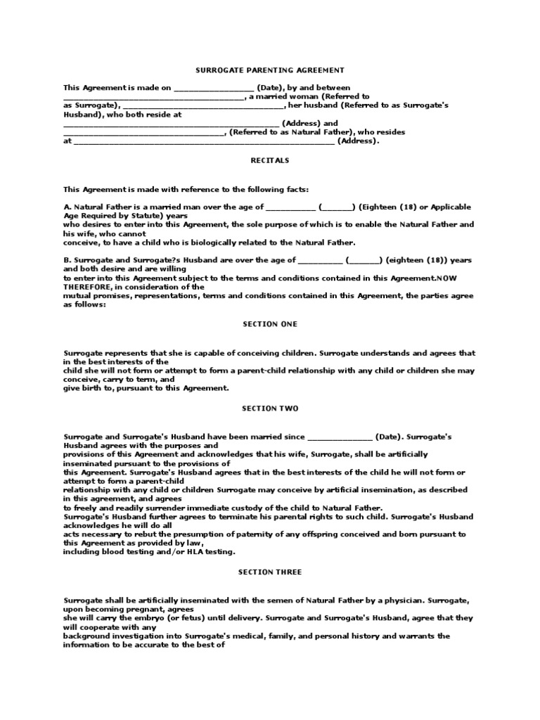 Surrogate Parenting Agreement Template | PDF | Surrogacy | Human ...