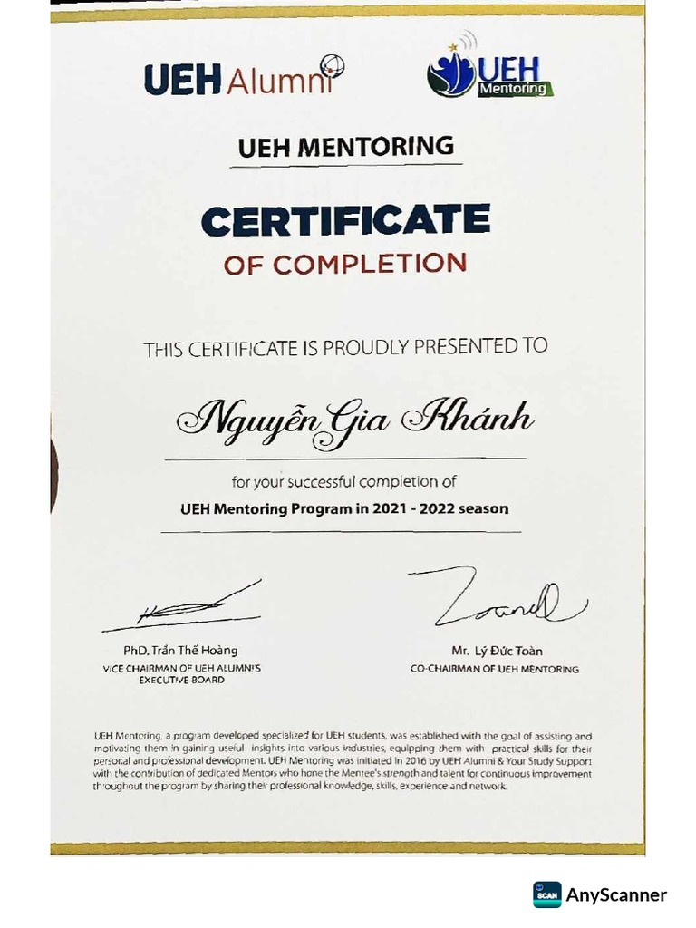 Nguyễn Gia Khánh - UEH Mentoring Certificate | PDF