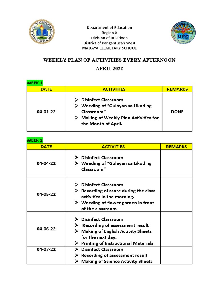 Weekly Plan of Activities Every Afternoon | PDF
