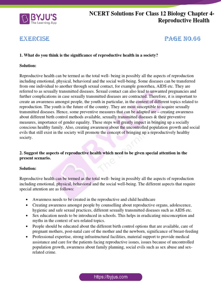 NCERT Solutions For Class 12 Biology Chapter 4 Reproductive Health | PDF