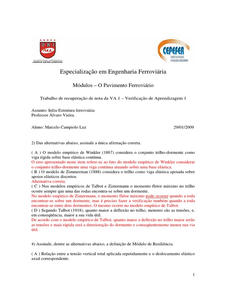 Recuperacao de Nota VA1 - Marcelo Campiolo Luz | PDF | Estresse (Mecânica) | Transporte ferroviário