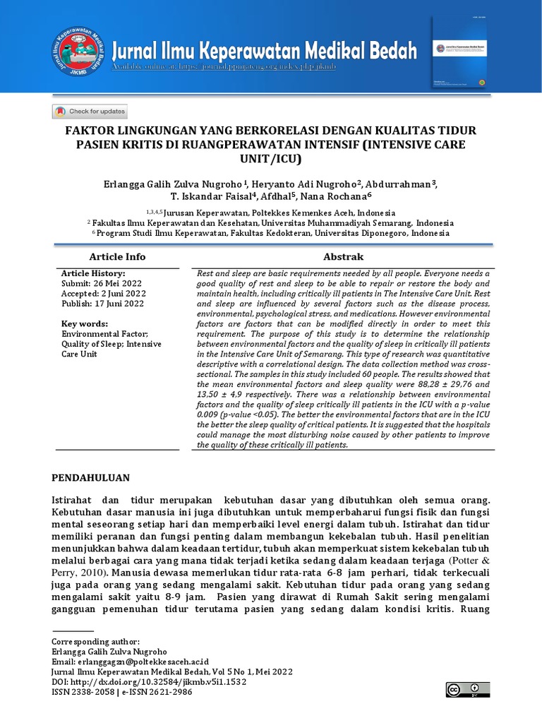 Faktor Lingkungan Yang Berkorelasi Dengan Kualitas Tidur Pasien Kritis Di Ruangperawatan ...
