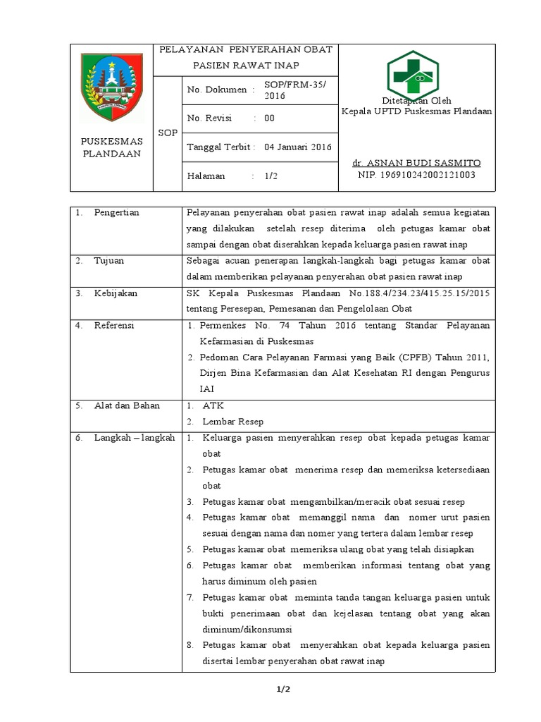 FRM-35 Sop Pelayanan Penyerahan Obat Pasien Rawat Inap | PDF