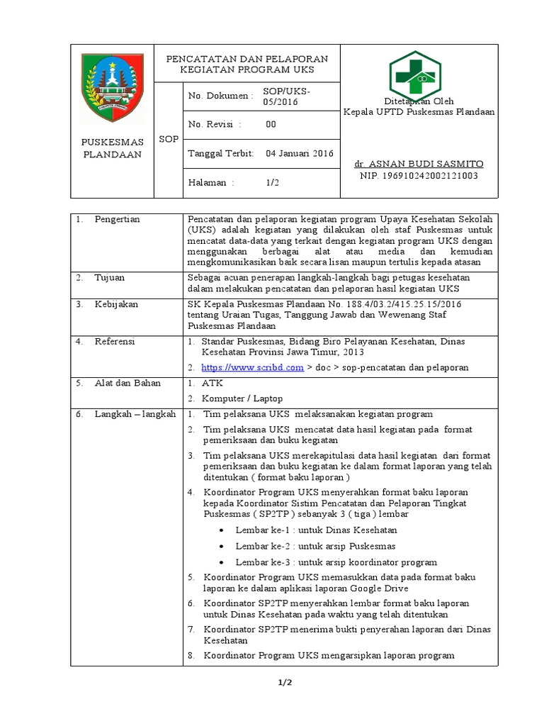 Sop Uks-05 Pencatatan Pelaporan Kegiatan Program Uks | PDF