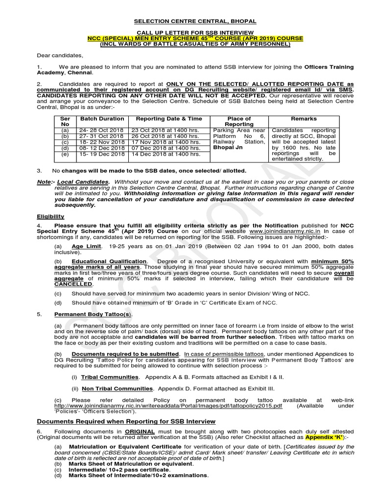 CALL UP LETTER NCC (Special) Men Entry 45 Course (Apr 2019) | PDF ...