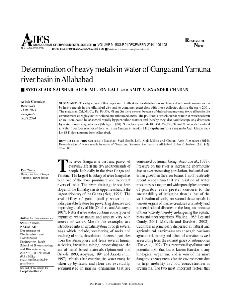 Determination of Heavy Metals in Water of Ganga and Yamuna River Basin in Allahabad | PDF ...
