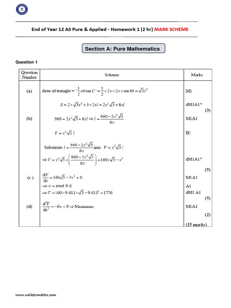 Year 12 AS Maths Homework Mark Scheme | PDF
