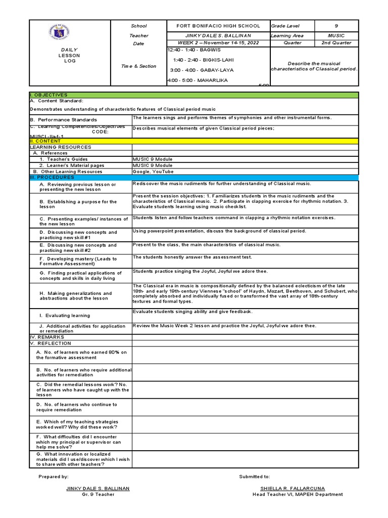 Grade9 Week2 Music DLL Format | PDF | Learning | Teachers