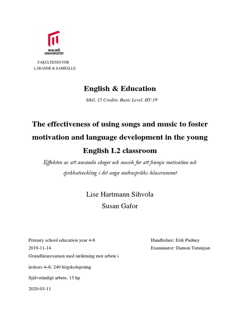 The Effectiveness of Using Songs and Music To Foster Motivation and ...