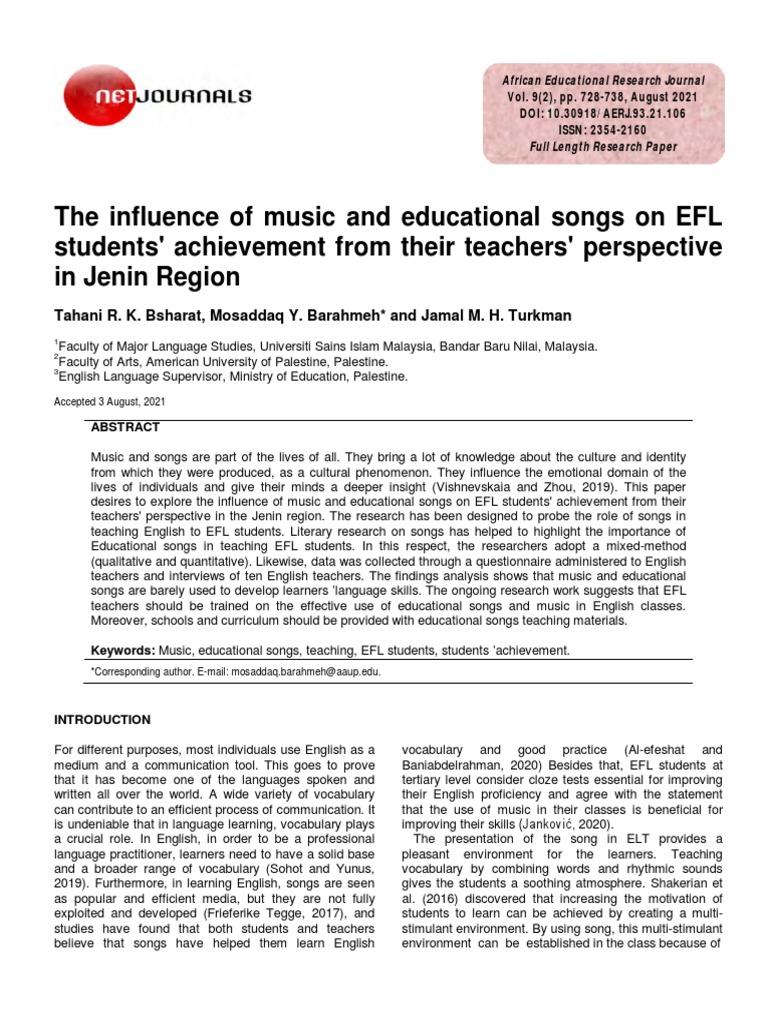 The Influence of Music and Educational Songs On EFL | PDF | Teachers | Learning