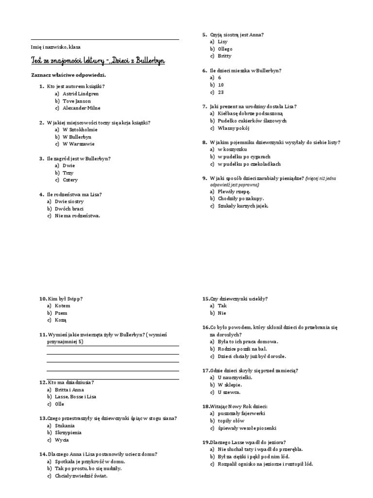 Test Z Lektury Dzieci Z Bullerbyn | PDF